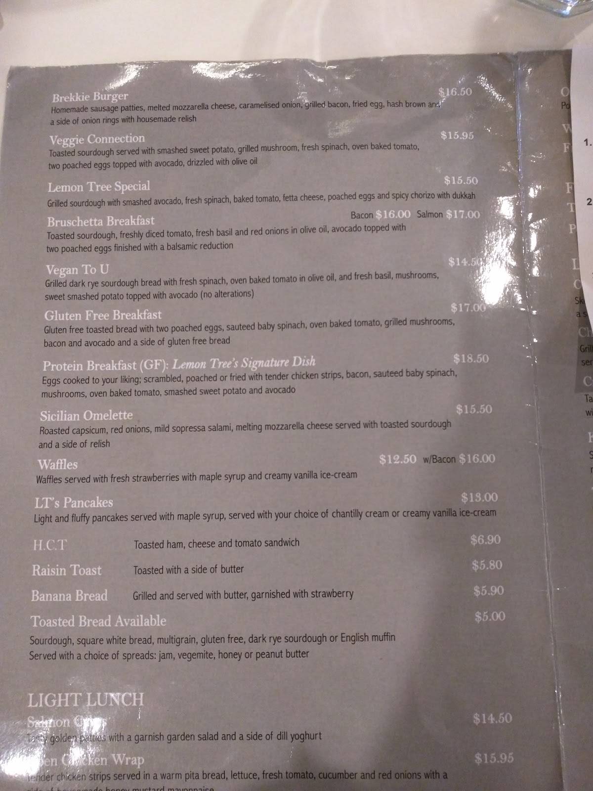 Menu at Lemon Tree Cafe, Shepparton