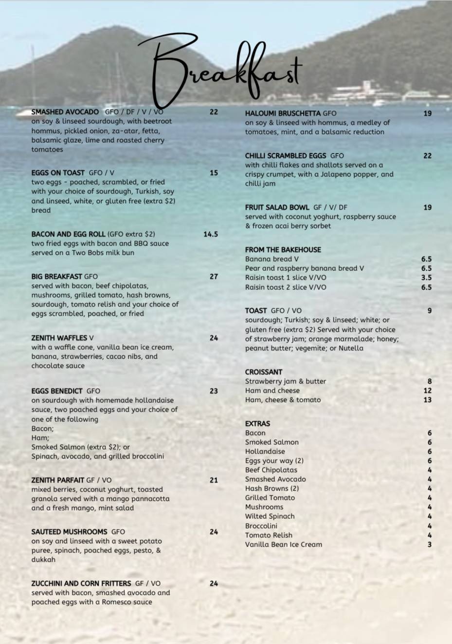 Menu at Zenith Cafe, Restaurant and Bar, Shoal Bay