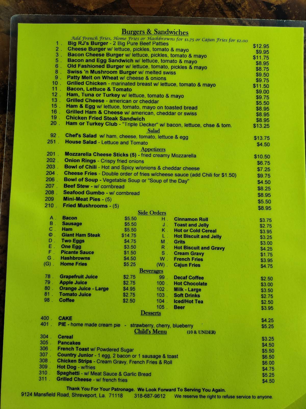 Menu at RJ's restaurant, Shreveport