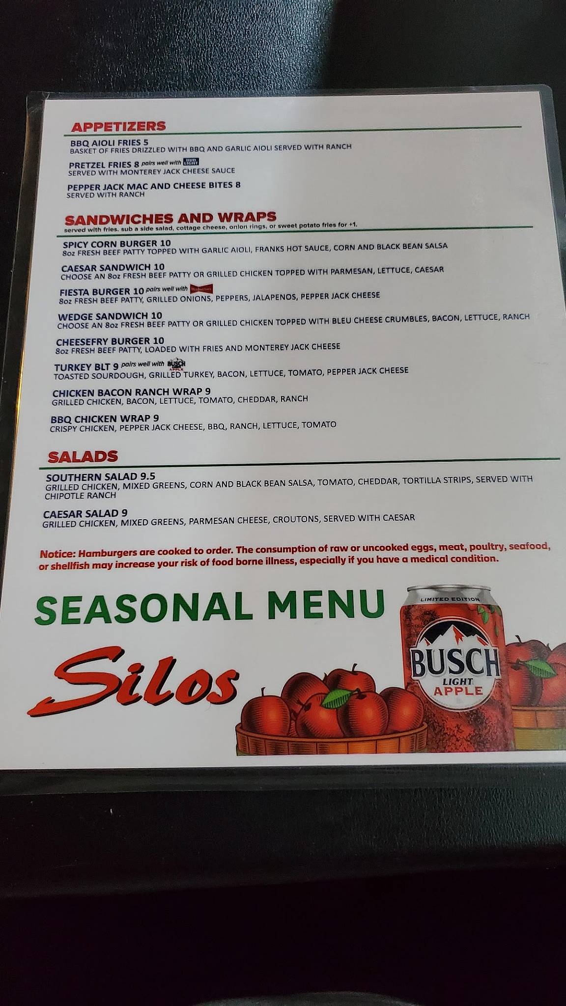 Menu at Silos pub & bar, Treynor