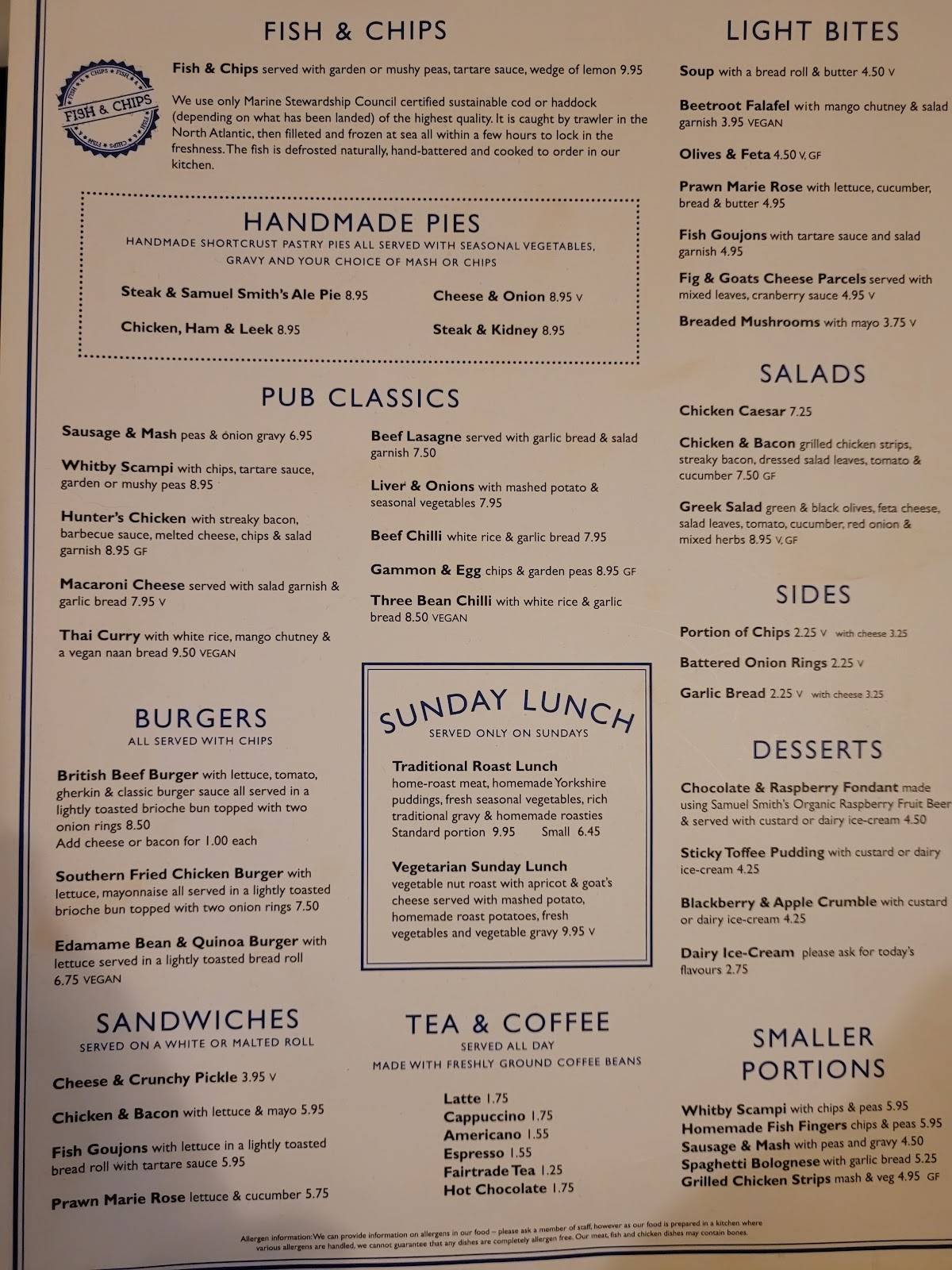 Menu at Sinclairs Oyster Bar, Manchester