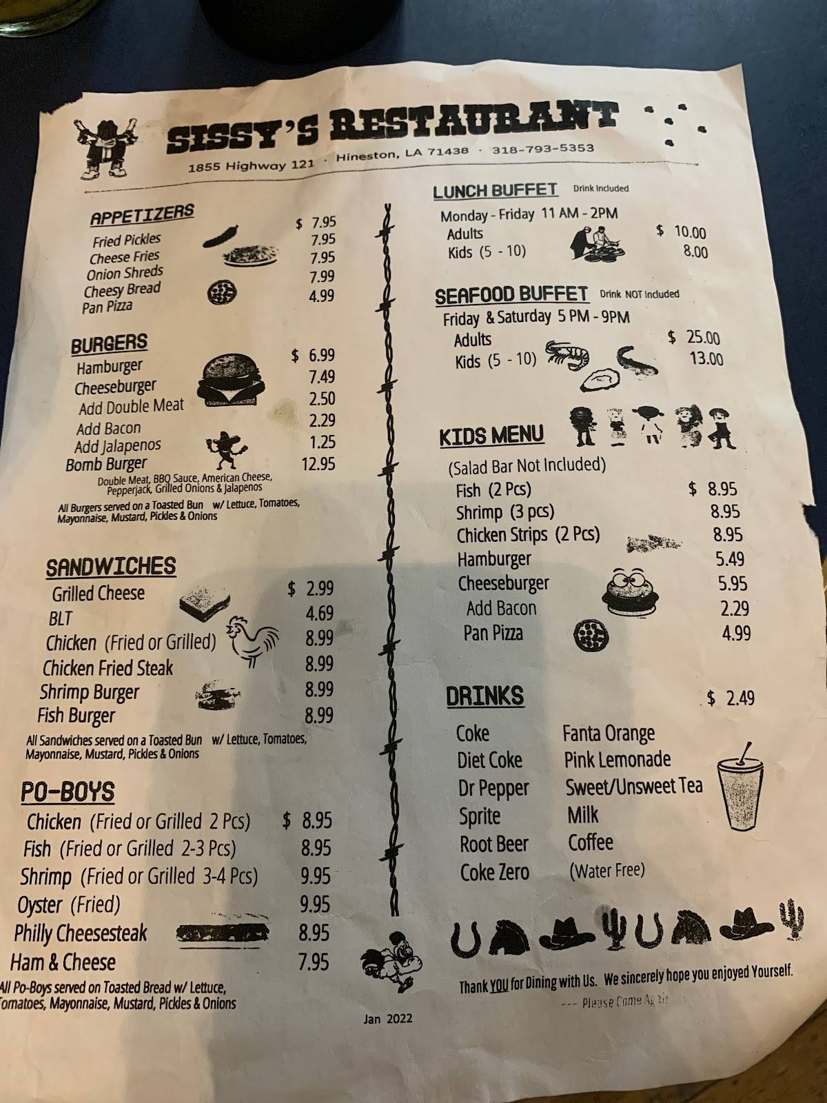 Menu at Sissy's Restaurant, Hineston