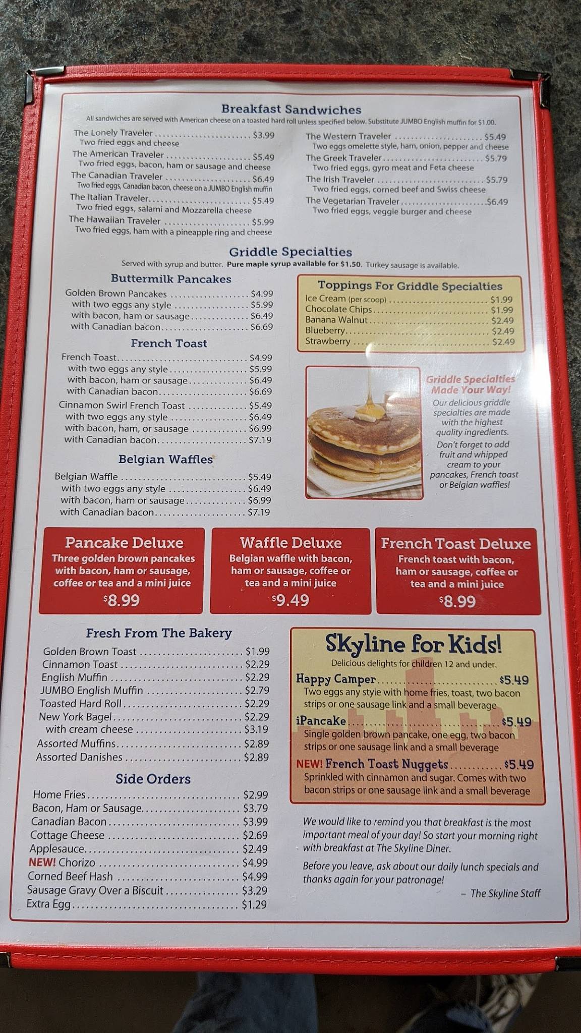 Menu at Skyline Diner restaurant, Rensselaer