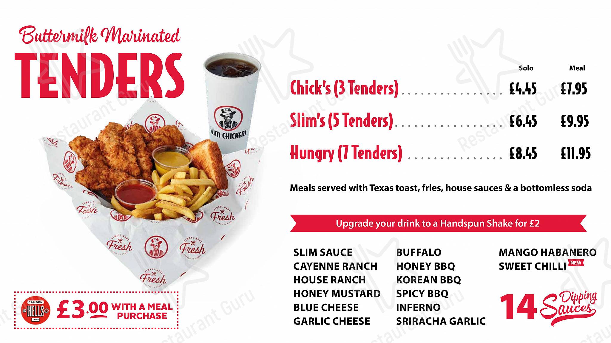 Menu at Slim Chickens restaurant, London, 12 Moor St