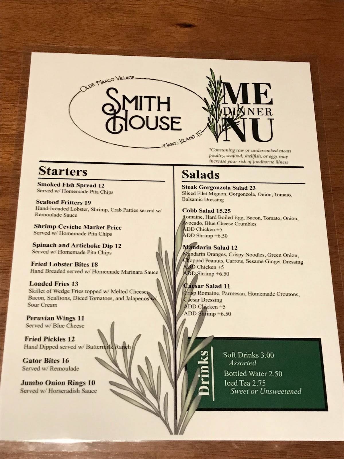 Menu at Smith House restaurant, Marco Island