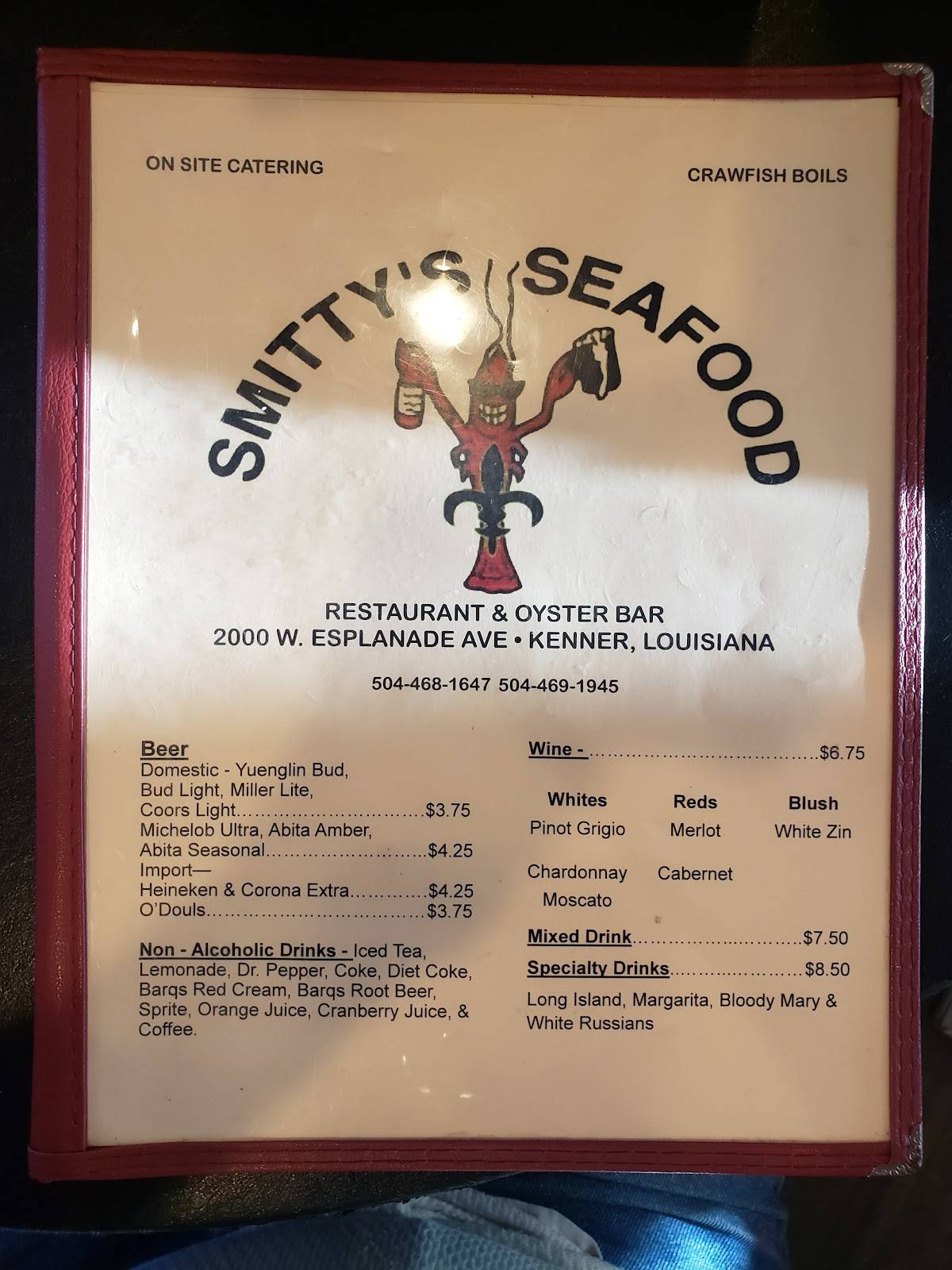 Menu at Smitty's Seafood restaurant, Kenner, W Esplanade Ave