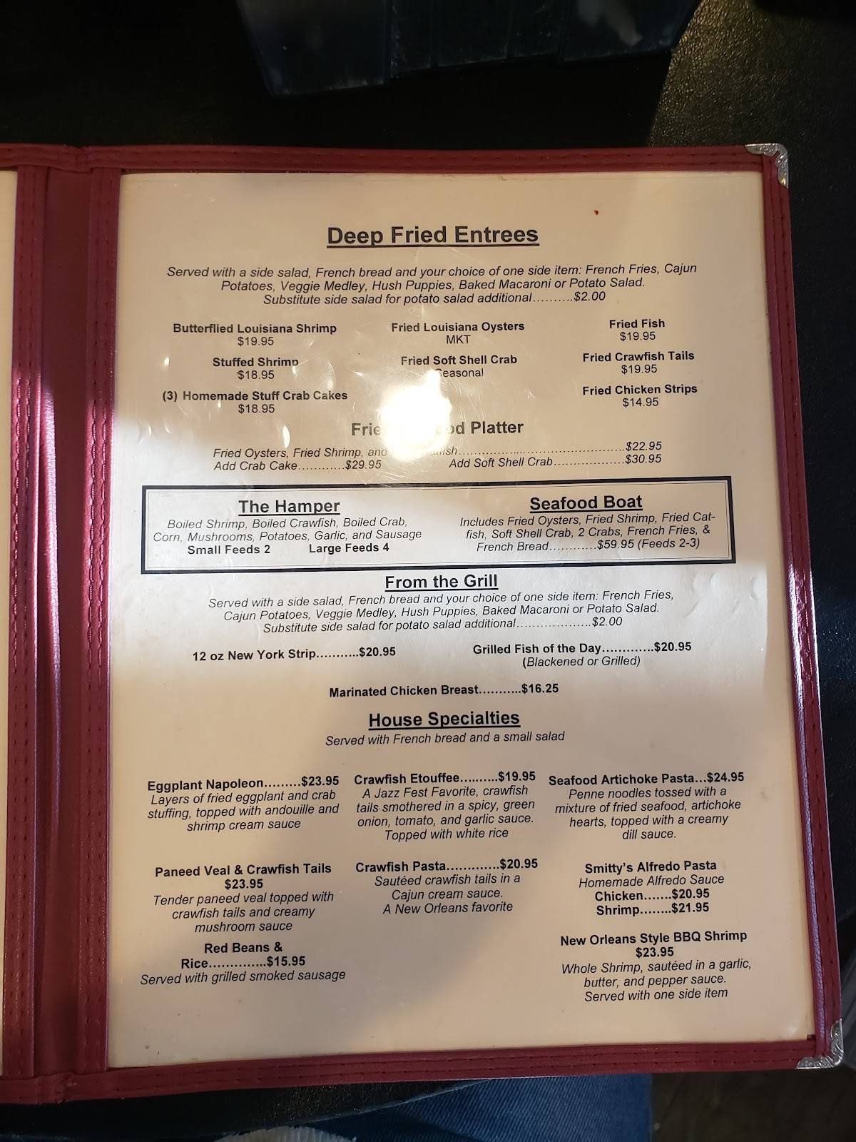 Menu at Smitty's Seafood restaurant, Kenner, W Esplanade Ave