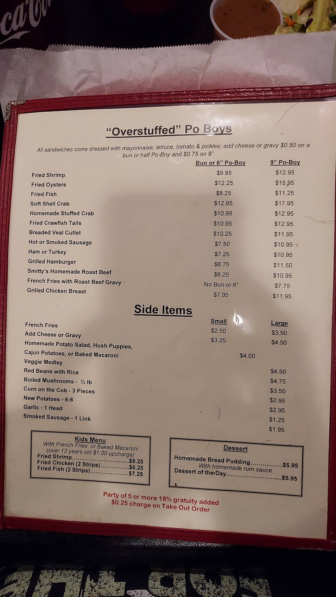 Menu at Smitty's Seafood restaurant, Kenner, W Esplanade Ave