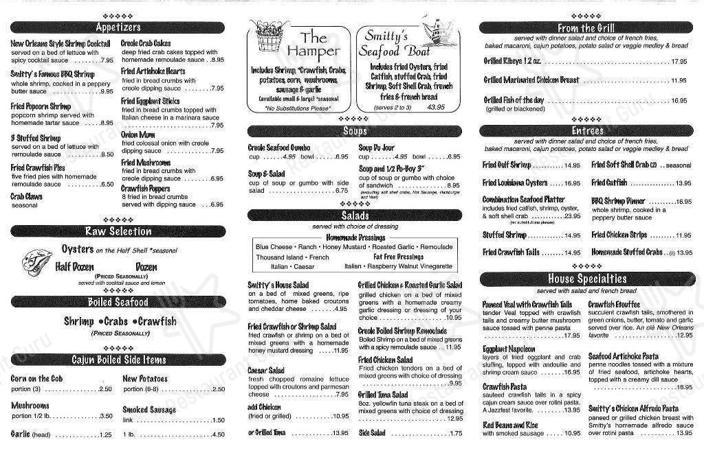 Menu at Smitty's Seafood restaurant, Kenner, W Esplanade Ave
