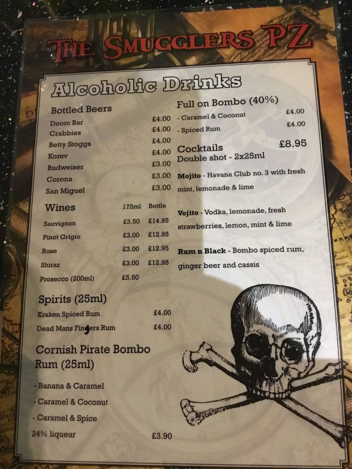 Menu at Smugglers Den restaurant, Penzance