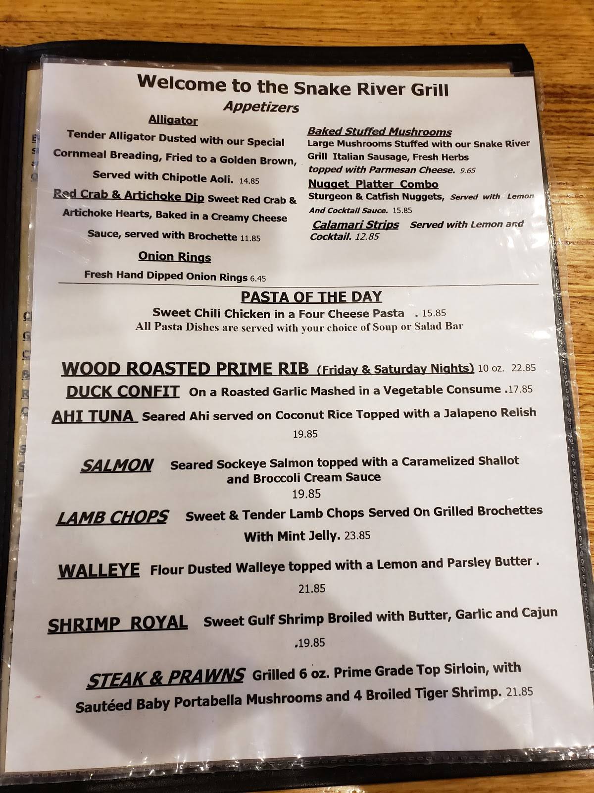 Menu at Snake River Grill steakhouse, Hagerman