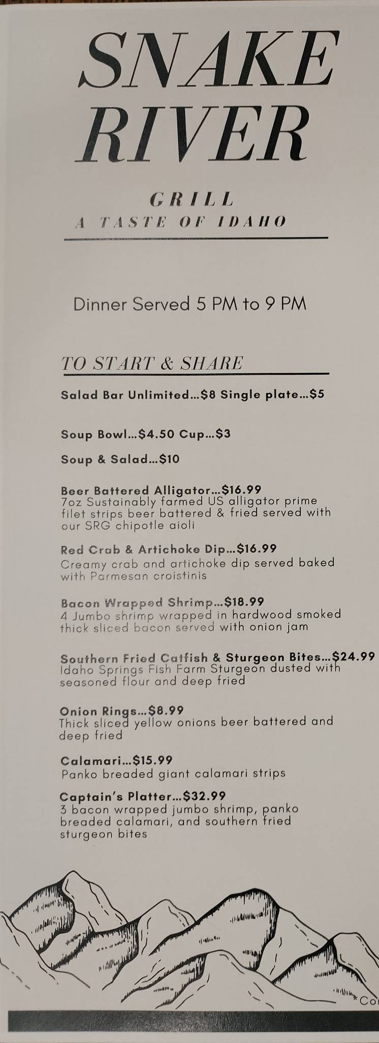 Menu at Snake River Grill steakhouse, Hagerman