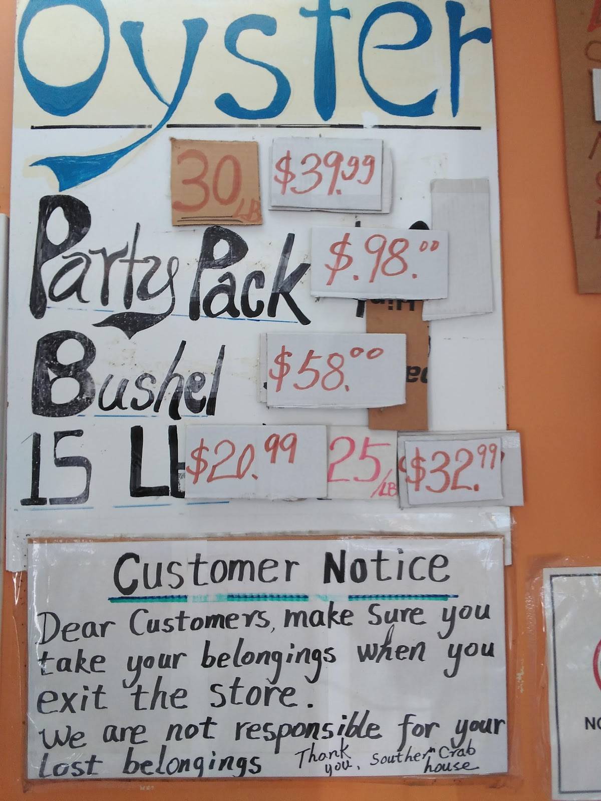Menu at Southern Crab House restaurant, Statesboro