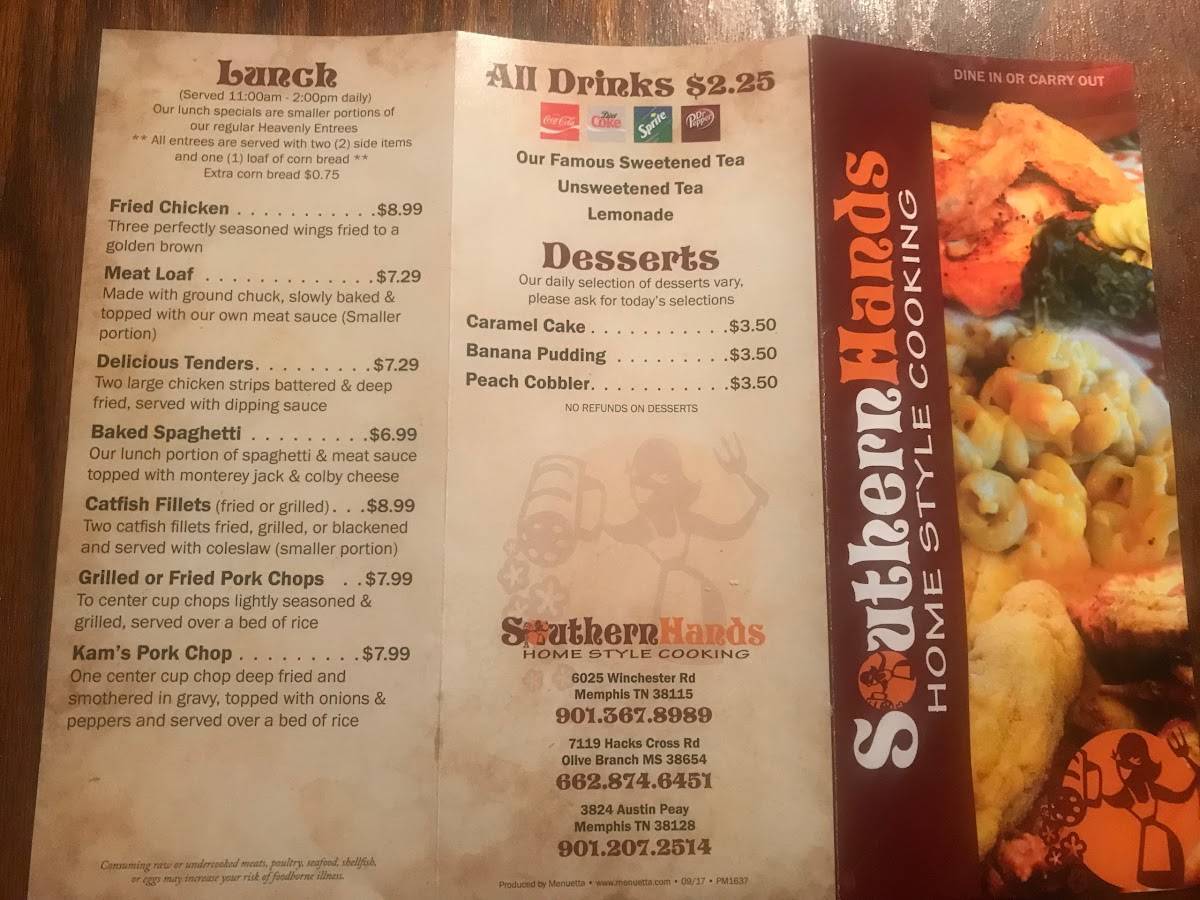 Menu at Southern Hands Homestyle Cooking restaurant, Memphis, Winchester Rd