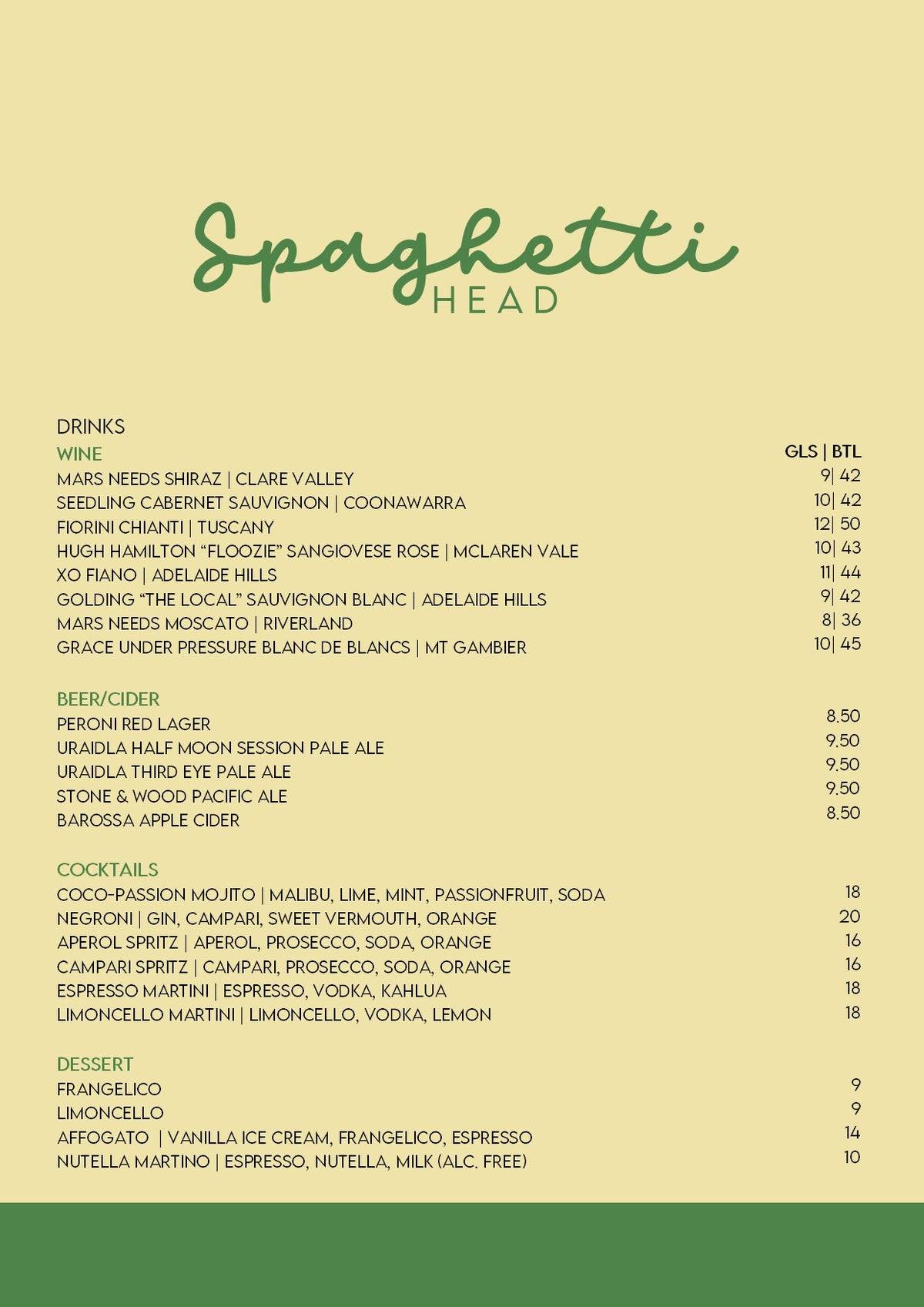 Menu at Spaghetti Head restaurant, Aldgate