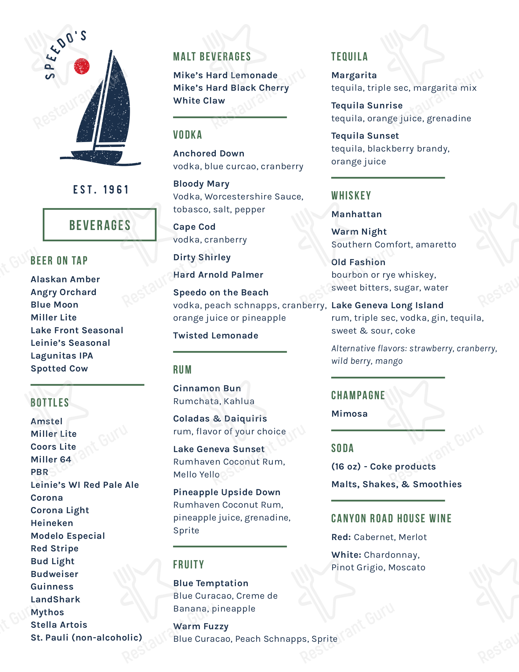 Menu at Speedo's Harborside Pub & Grill, Lake Geneva