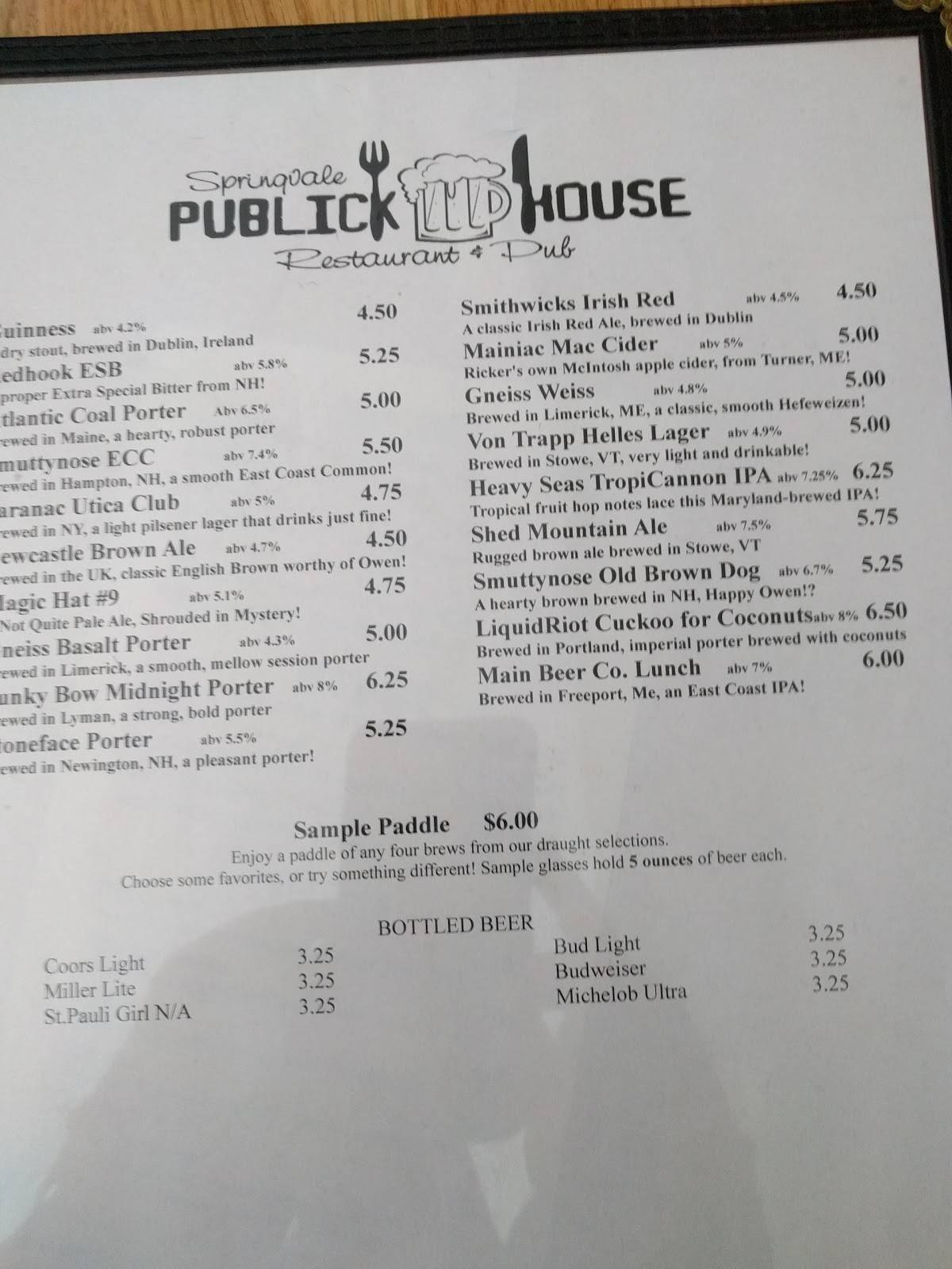 Menu at Springvale Publick House, Sanford
