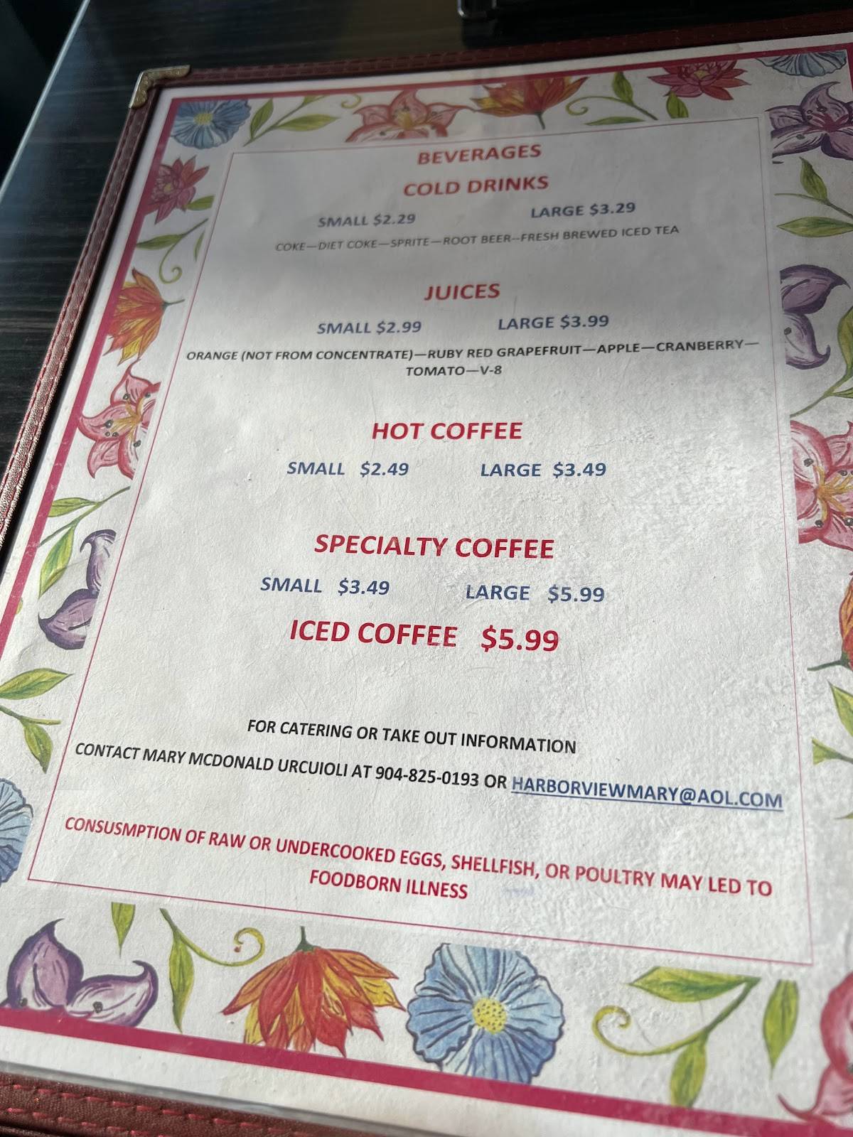 Menu at Harbor View Café cafe, St. Augustine