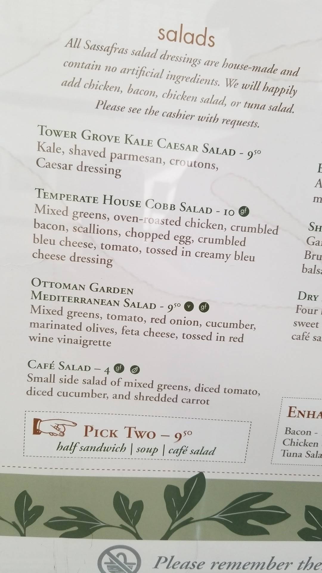 Menu at Sassafras restaurant, St. Louis