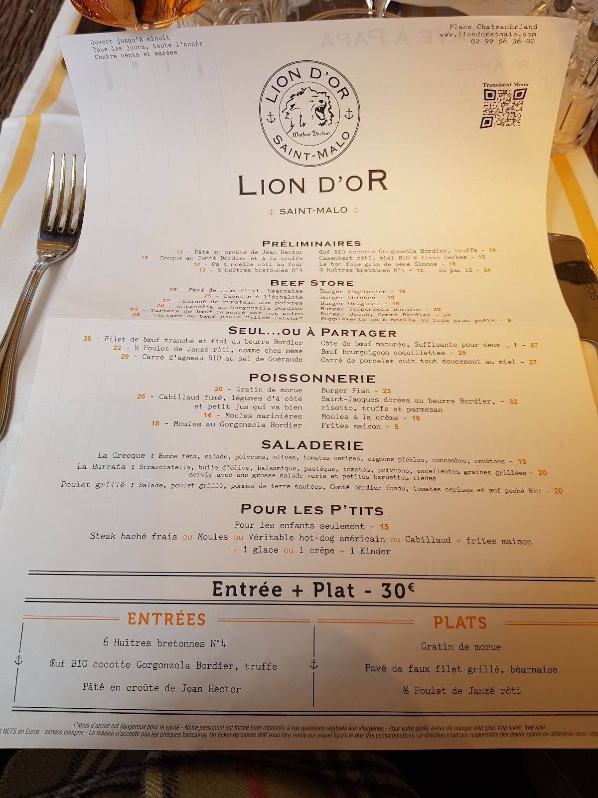Menu at Brasserie du Lion D'Or restaurant, St-Malo, 1 Pl. Chateaubriand