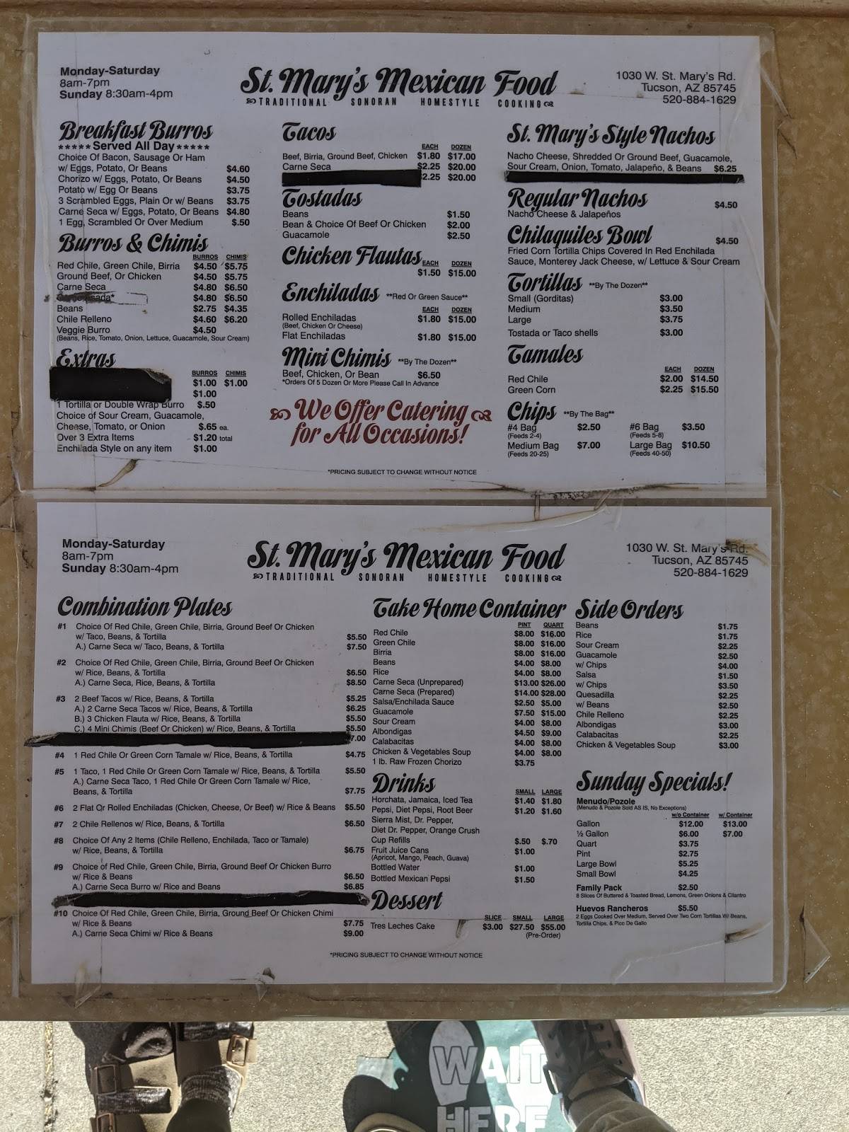 Menu at St. Mary's Mexican Food restaurant, Tucson