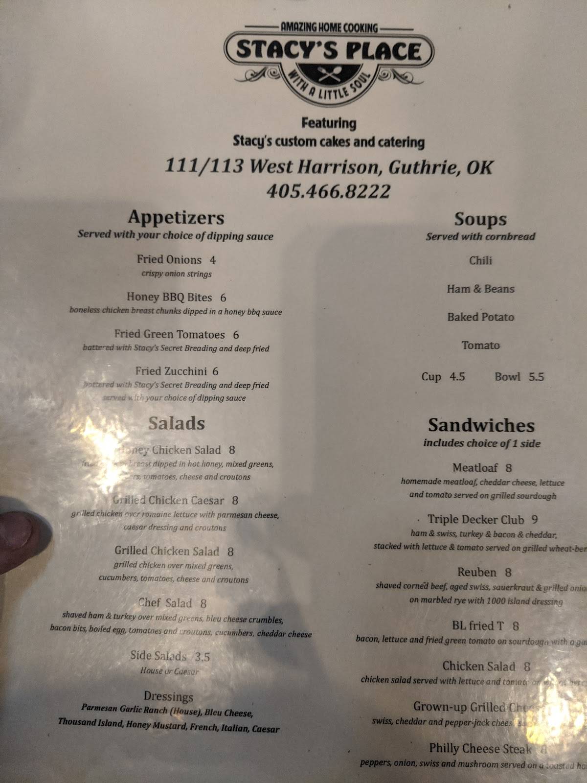 Menu at Stacy's Place restaurant, Edmond, 251 E Waterloo Rd