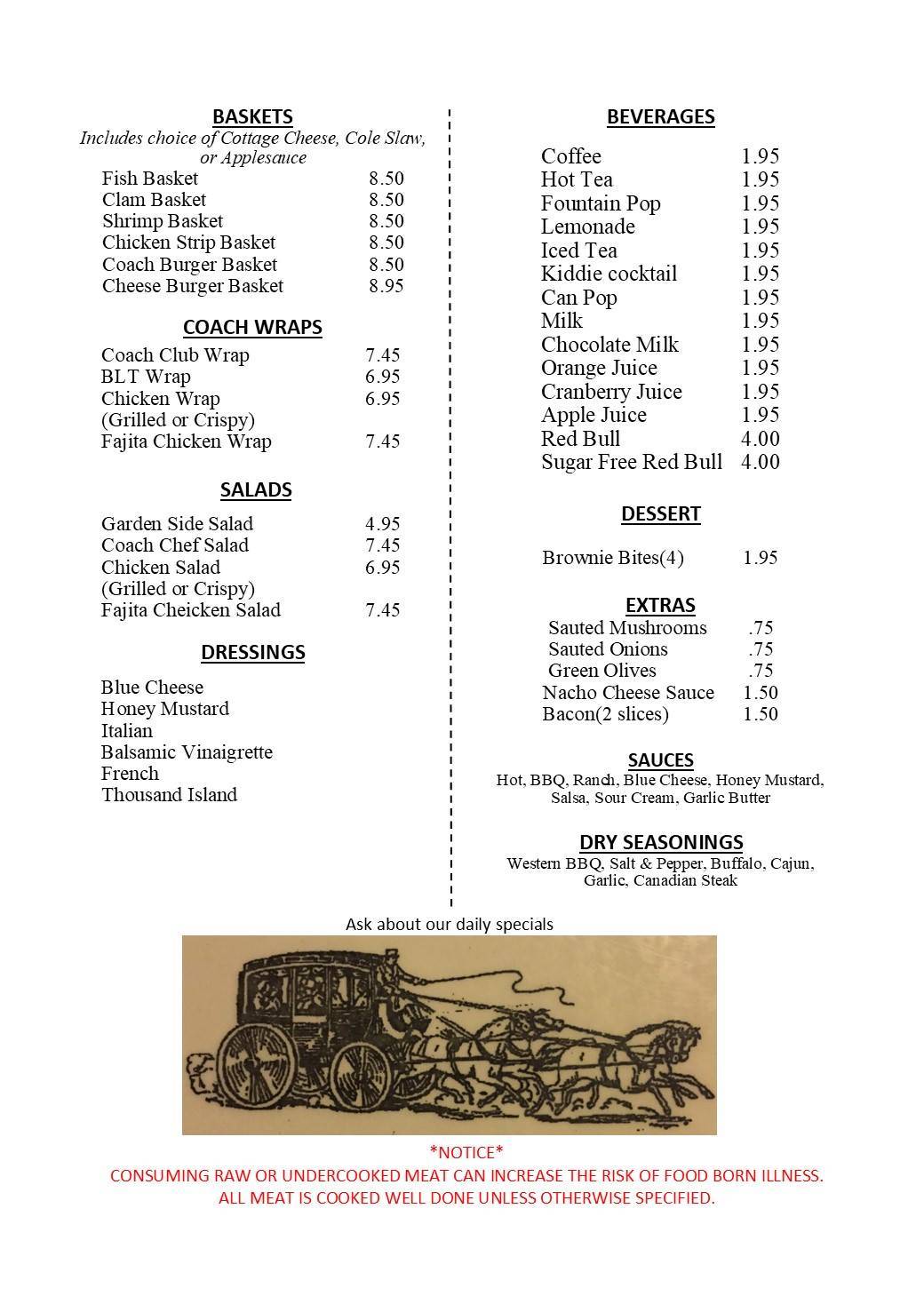 Menu at Stagecoach Inn pub & bar, Marshall