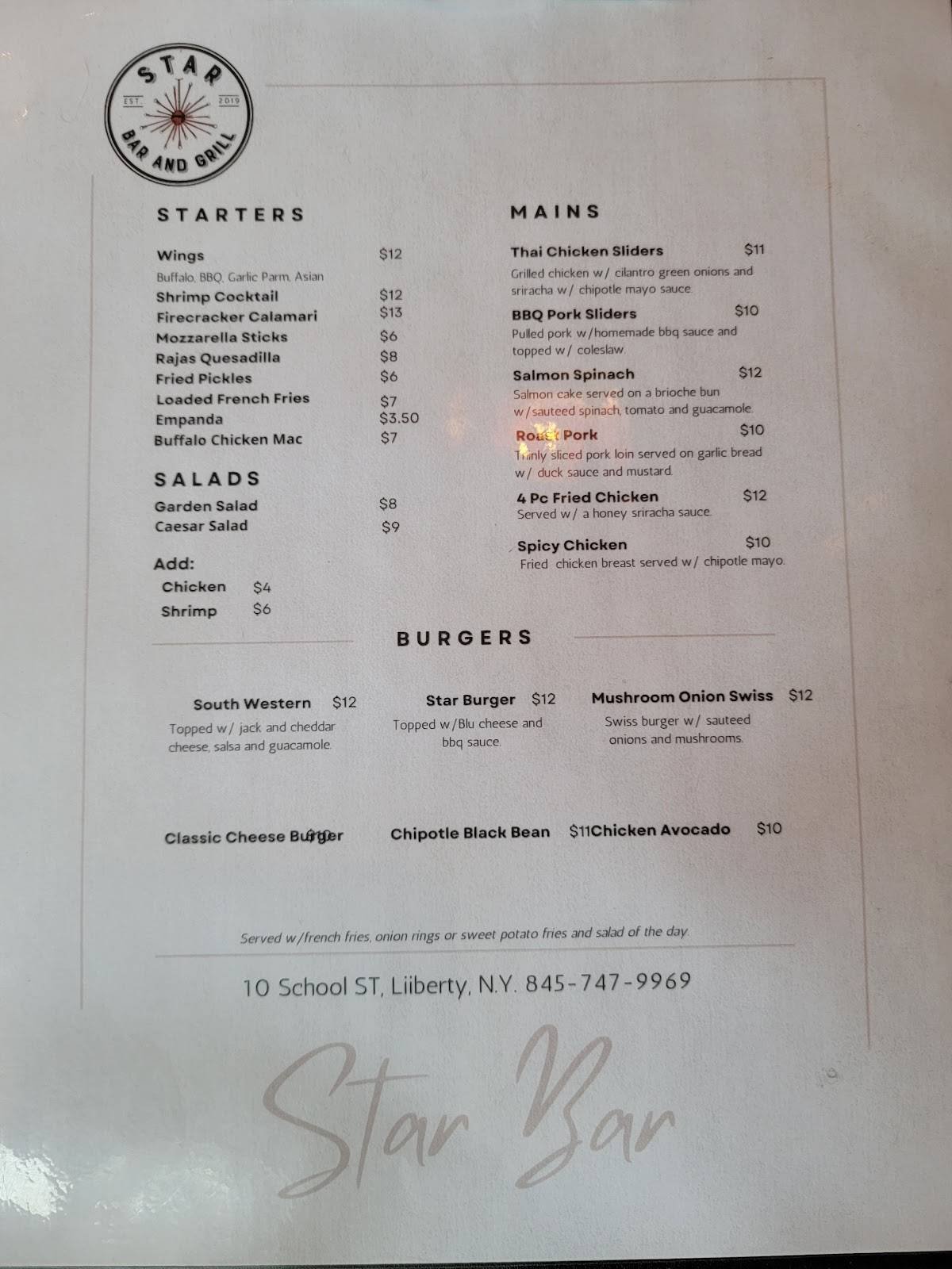 Menu at Star Bar and Grill, Liberty
