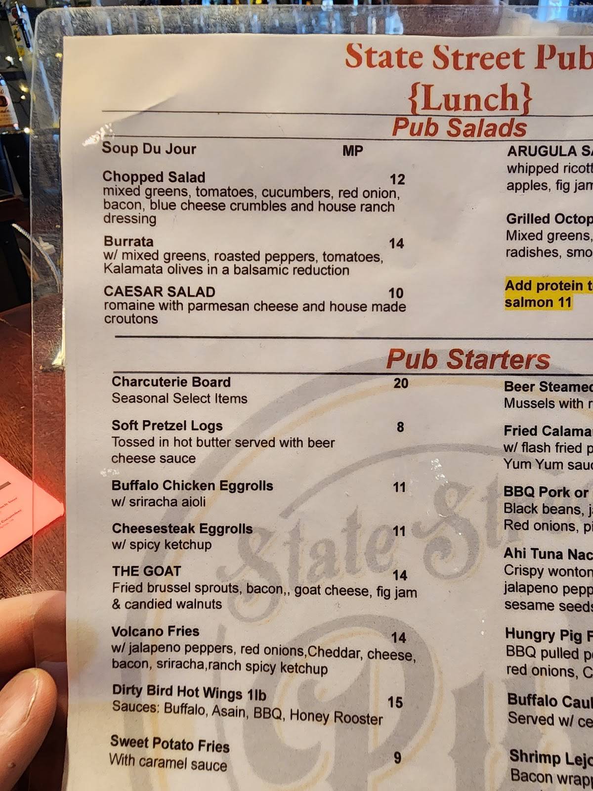 Menu at State Street Pub, Media