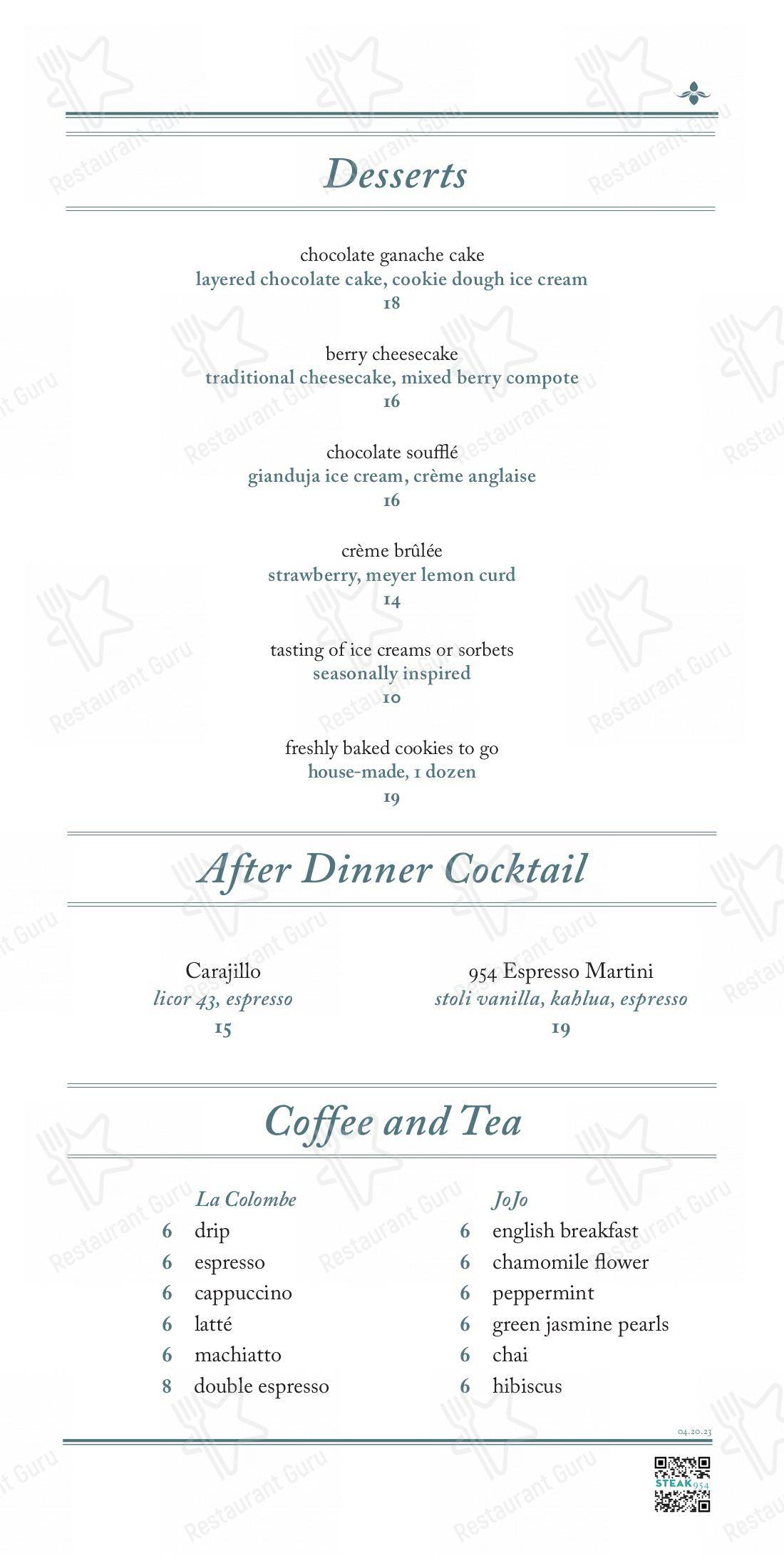 Menu at Steak 954 steakhouse, Fort Lauderdale