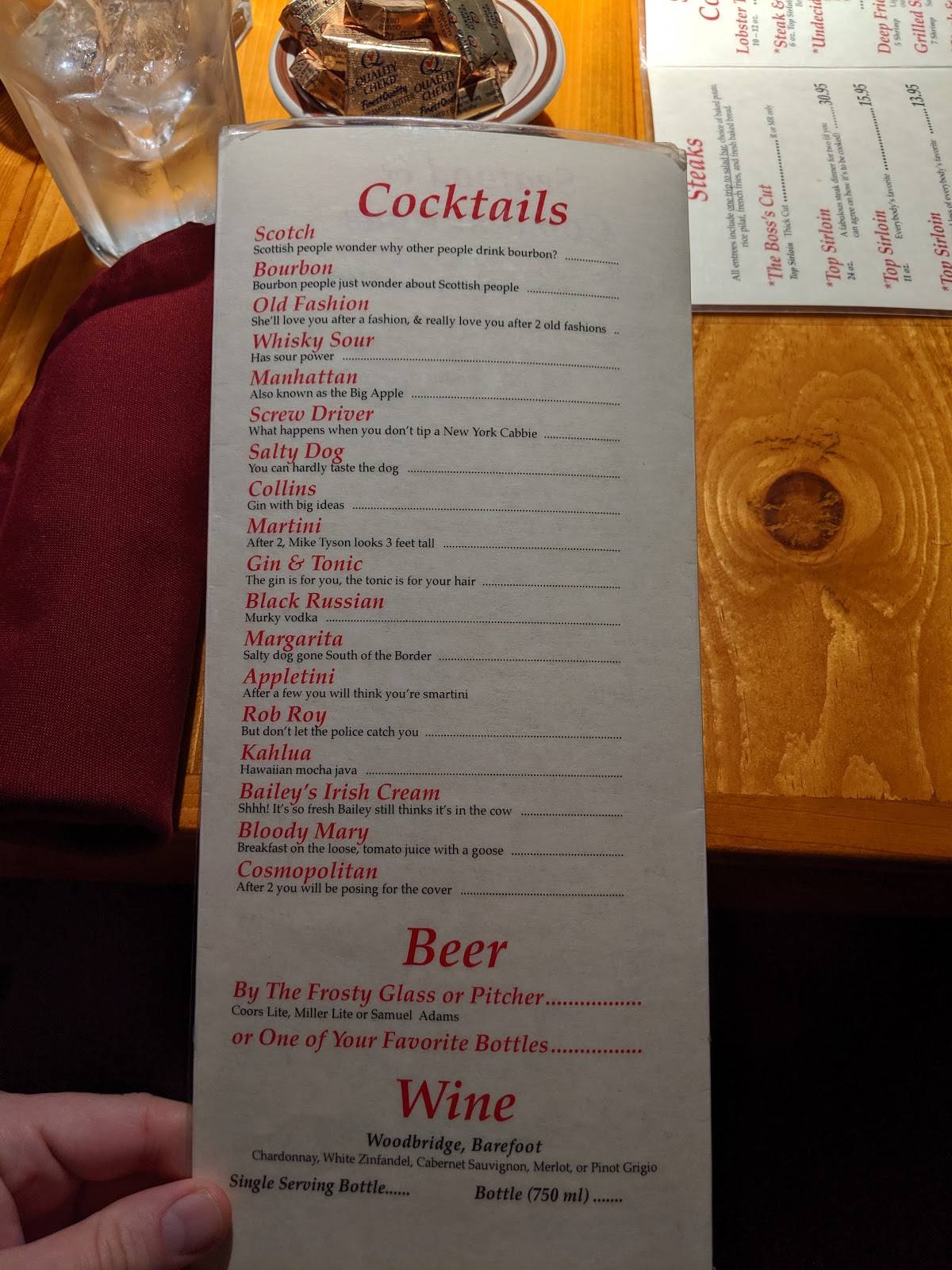 Menu at Steak Inn steakhouse, Shell Knob, Waters Edge Dr