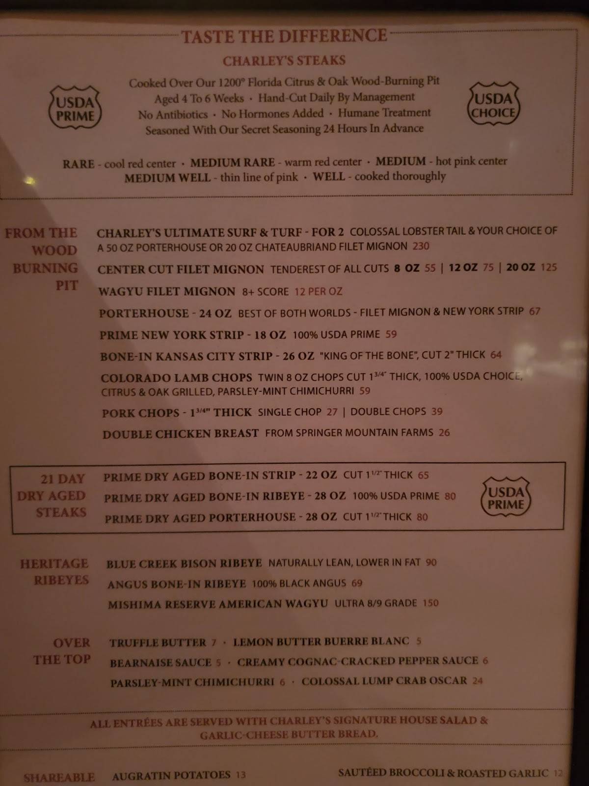 Menu at Charley's Steak House steakhouse, Tampa
