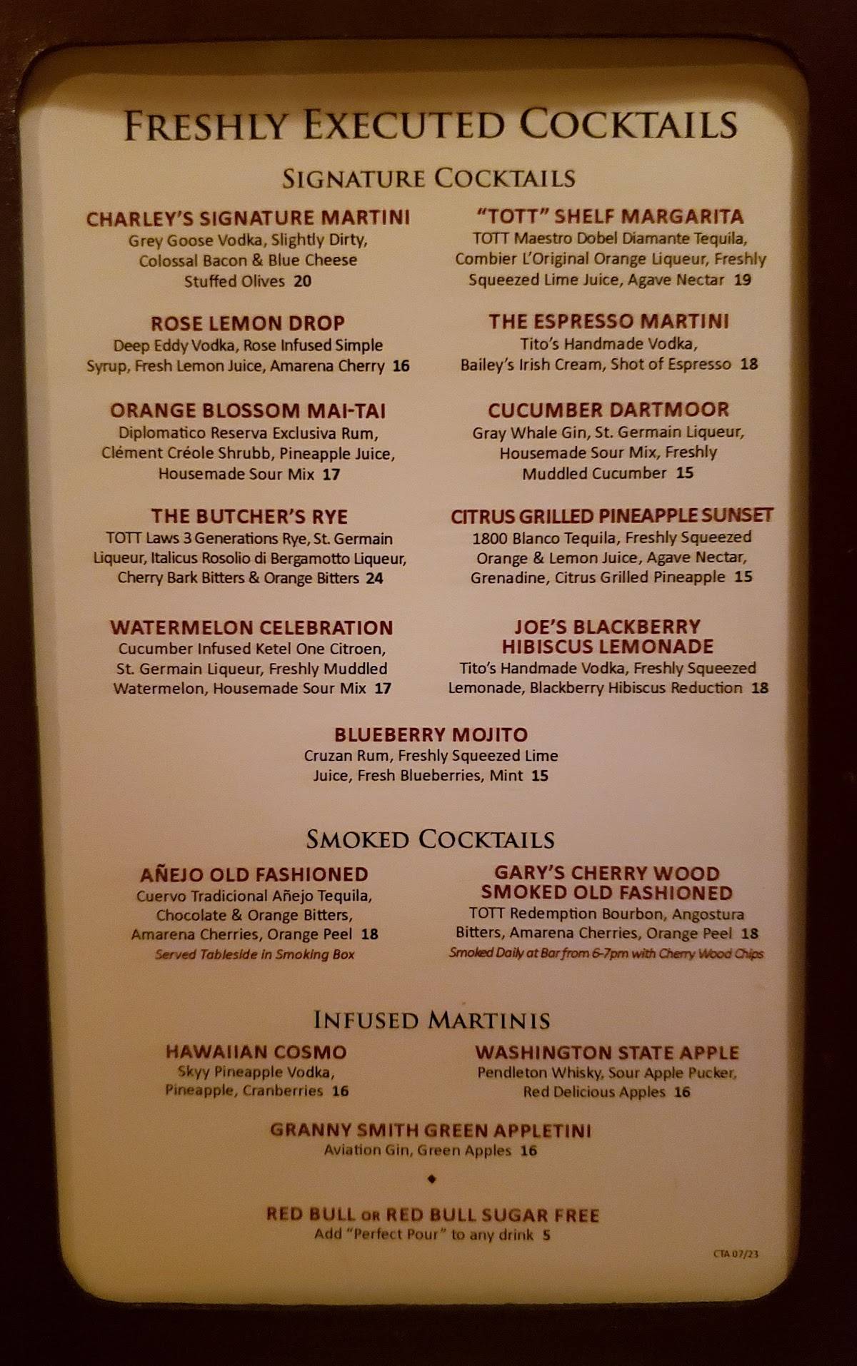 Menu at Charley's Steak House steakhouse, Tampa