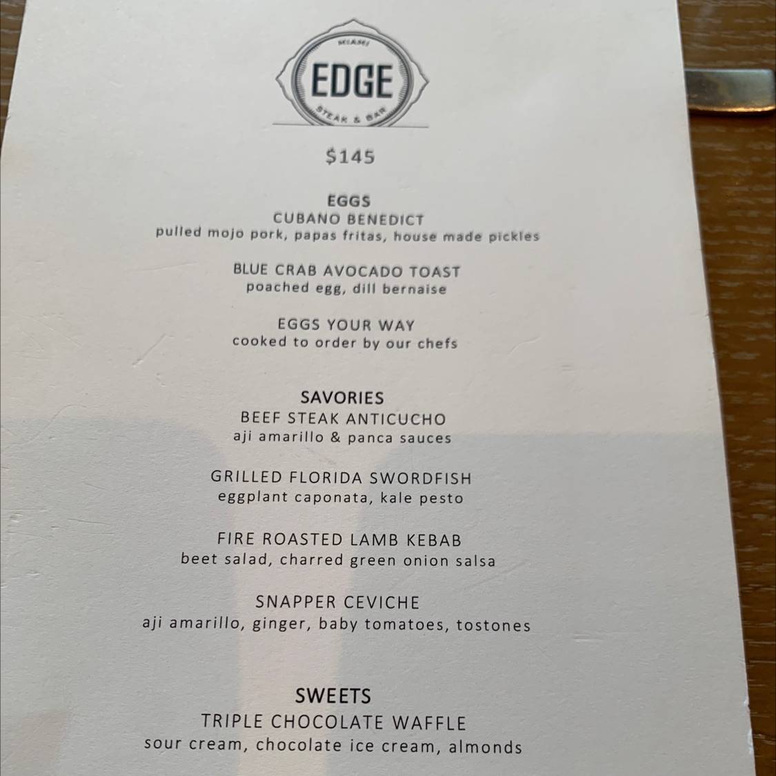 Menu at Edge Brasserie and Cocktail Bar, Miami