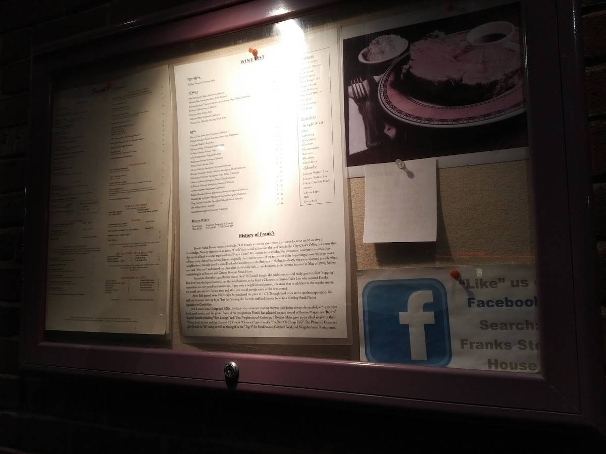 Menu at Frank's Steak House steakhouse, Cambridge