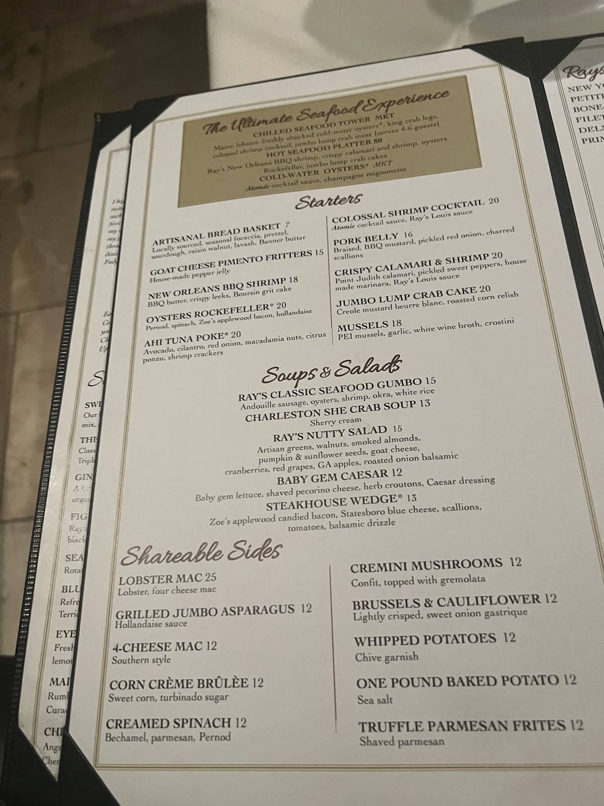 Menu at Ray's on the River steakhouse, Sandy Springs