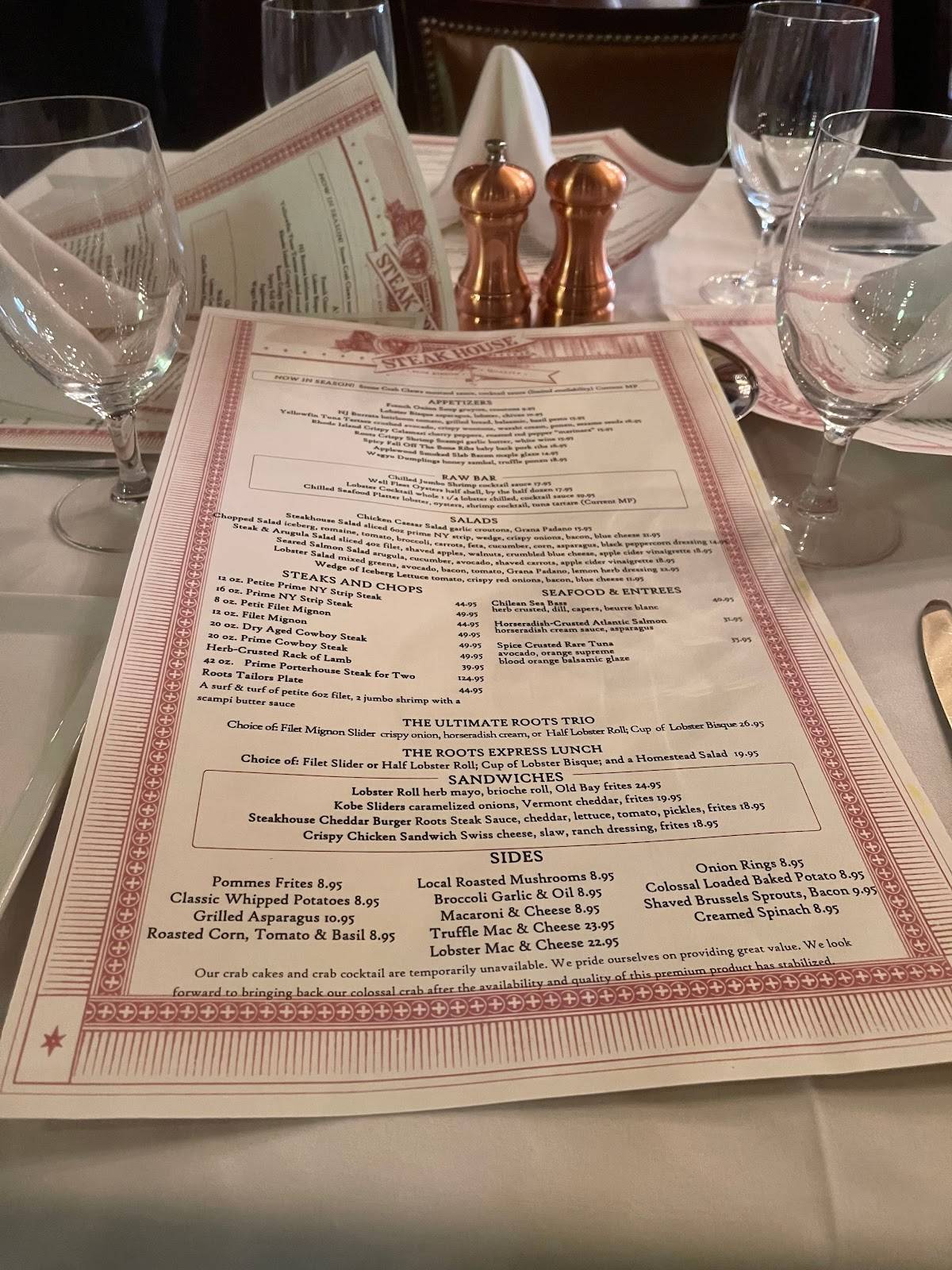 Menu at Roots Steakhouse, Morristown