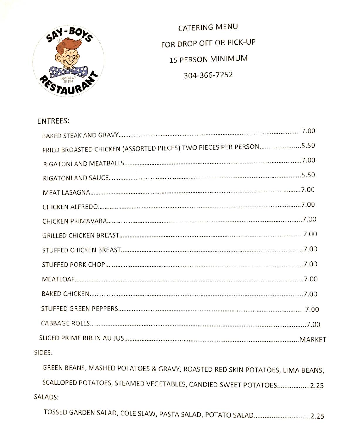 Menu at Say-Boy Restaurant, Fairmont