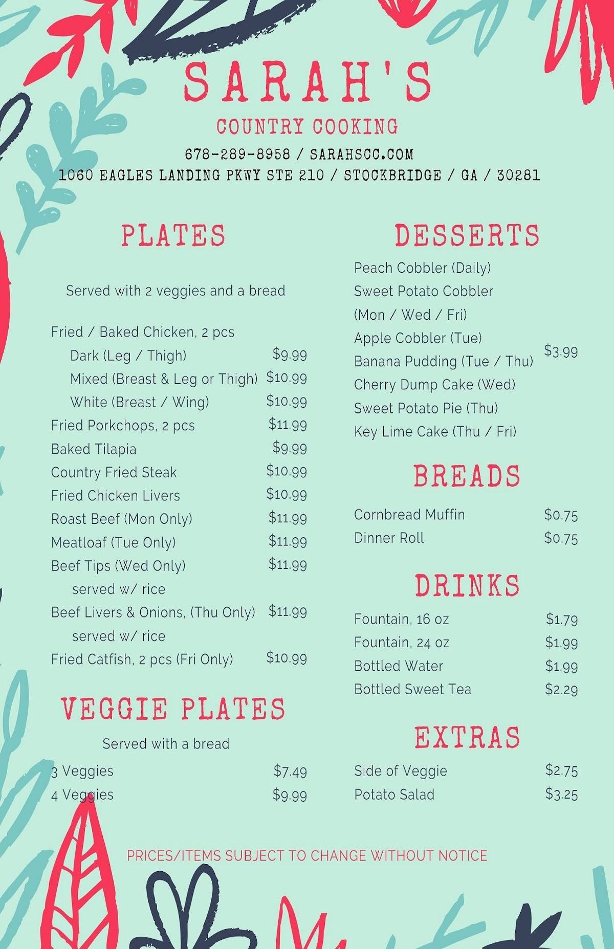 Menu at Sarah's Country Cooking restaurant, Stockbridge