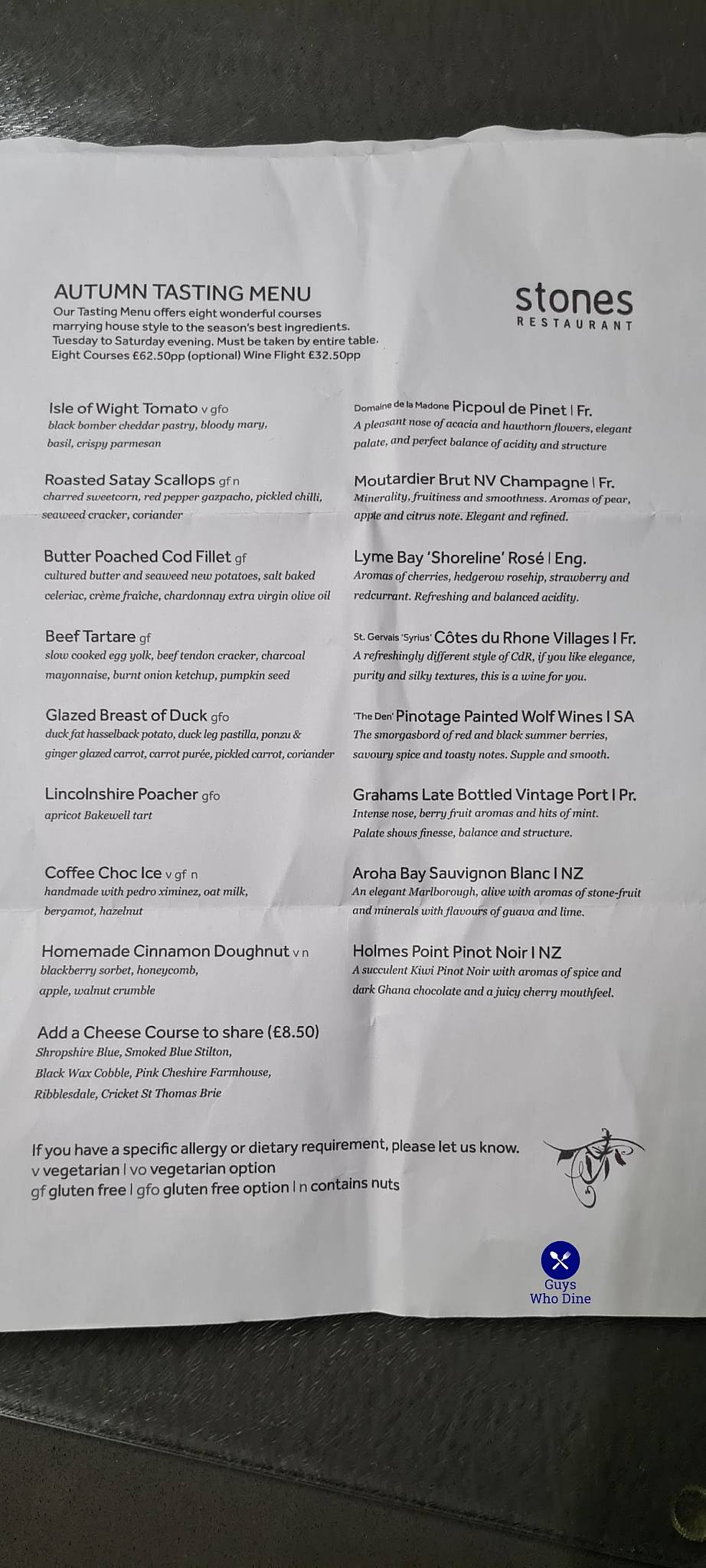 Menu at Stones restaurant, Matlock