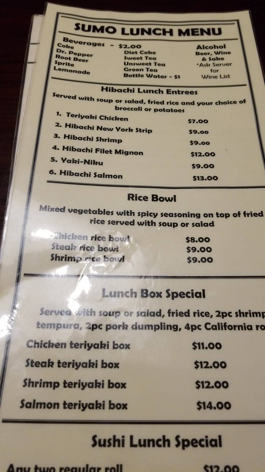 Menu at Sumo Japanese Restaurant, Longview