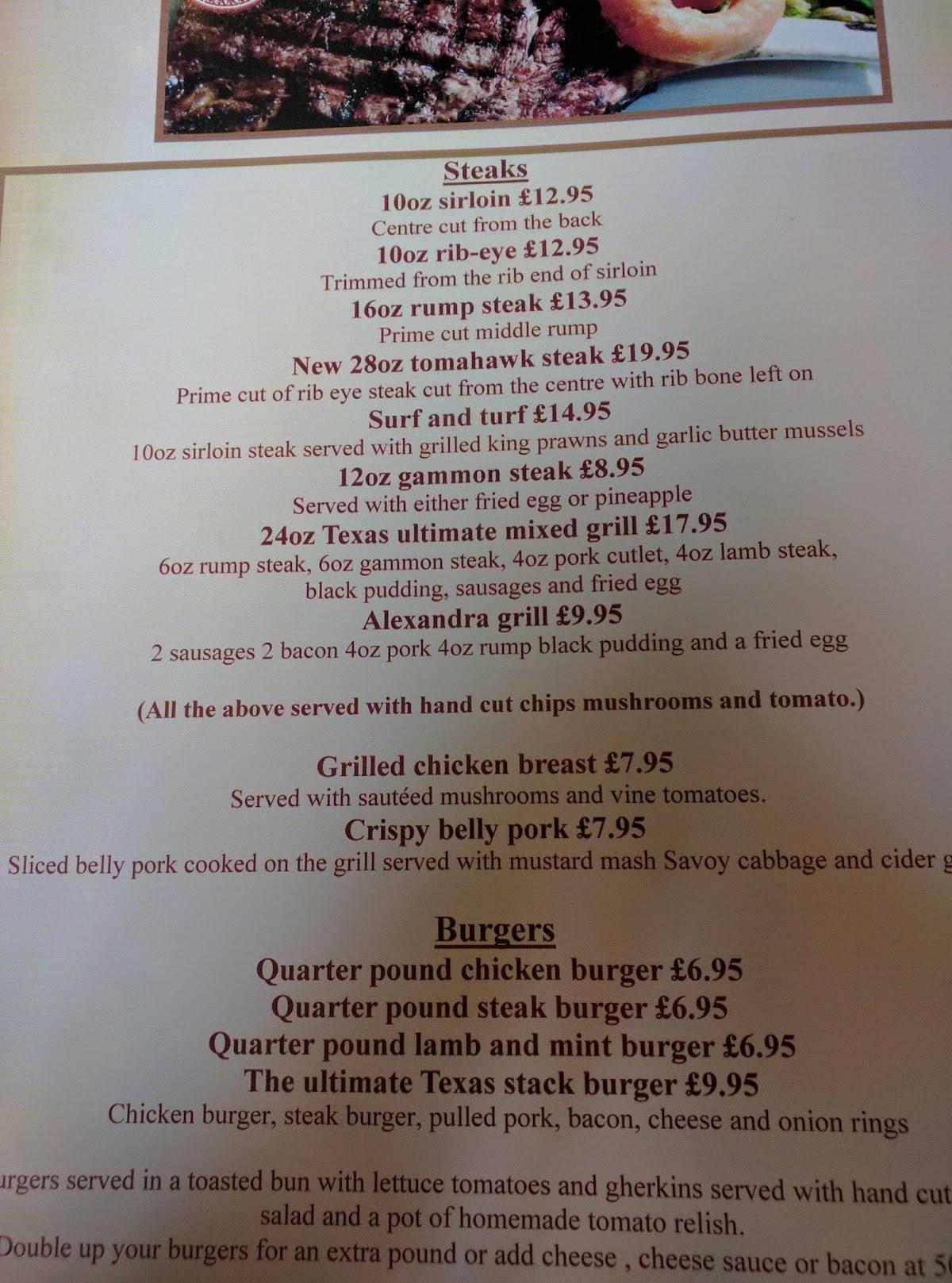 Menu at The Alexandra Steakhouse, Sunderland