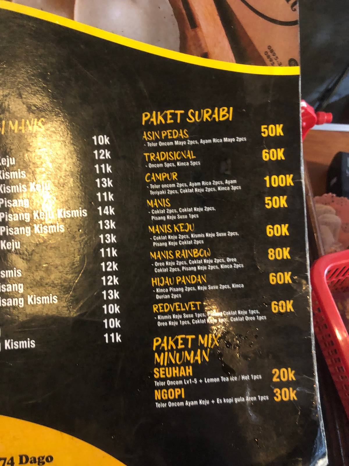 Menu at Surabi cihapit Cab. Tubagus Ismail restaurant, Bandung