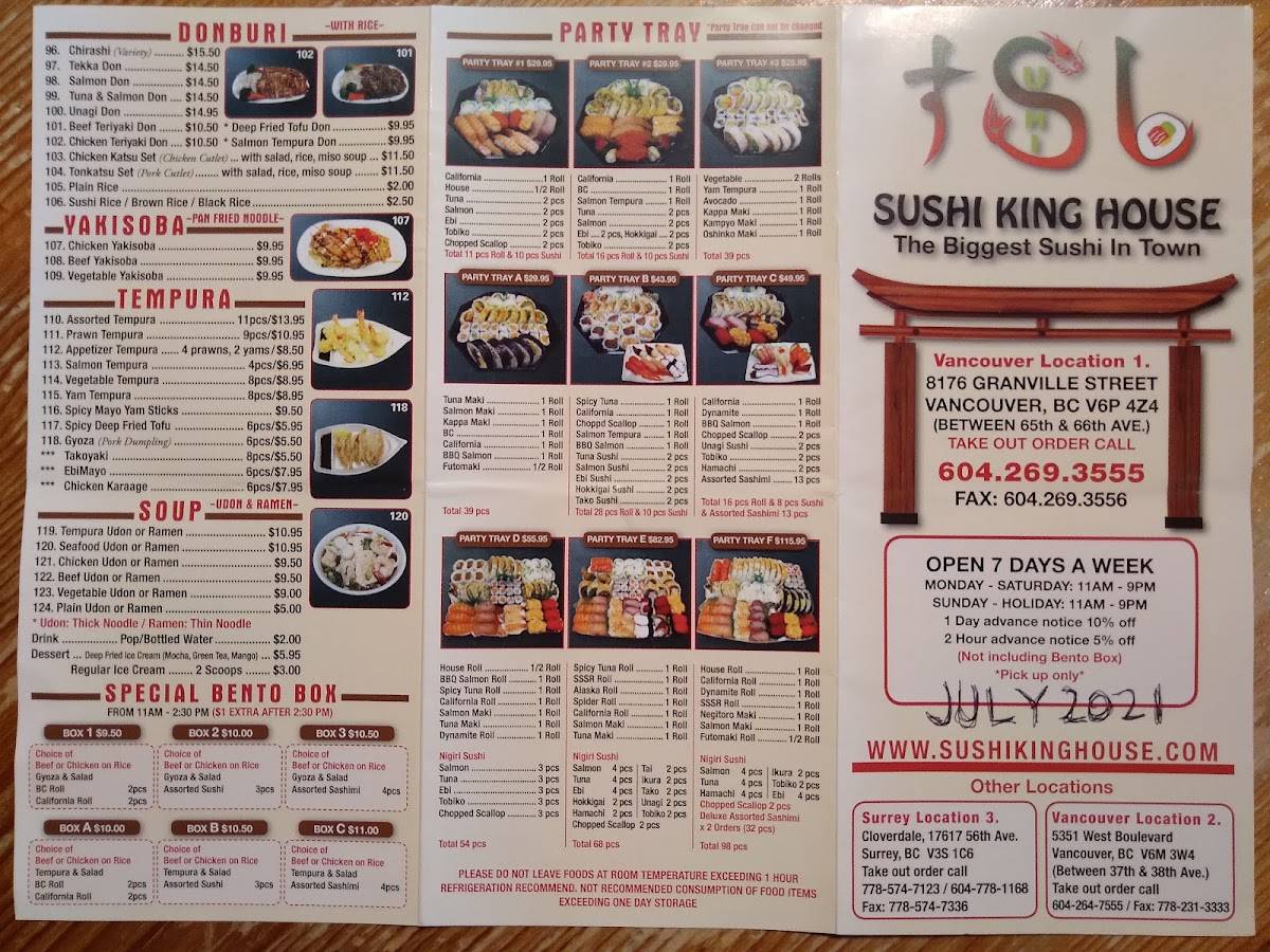 Menu at Sushi King House restaurant, Vancouver, Granville St