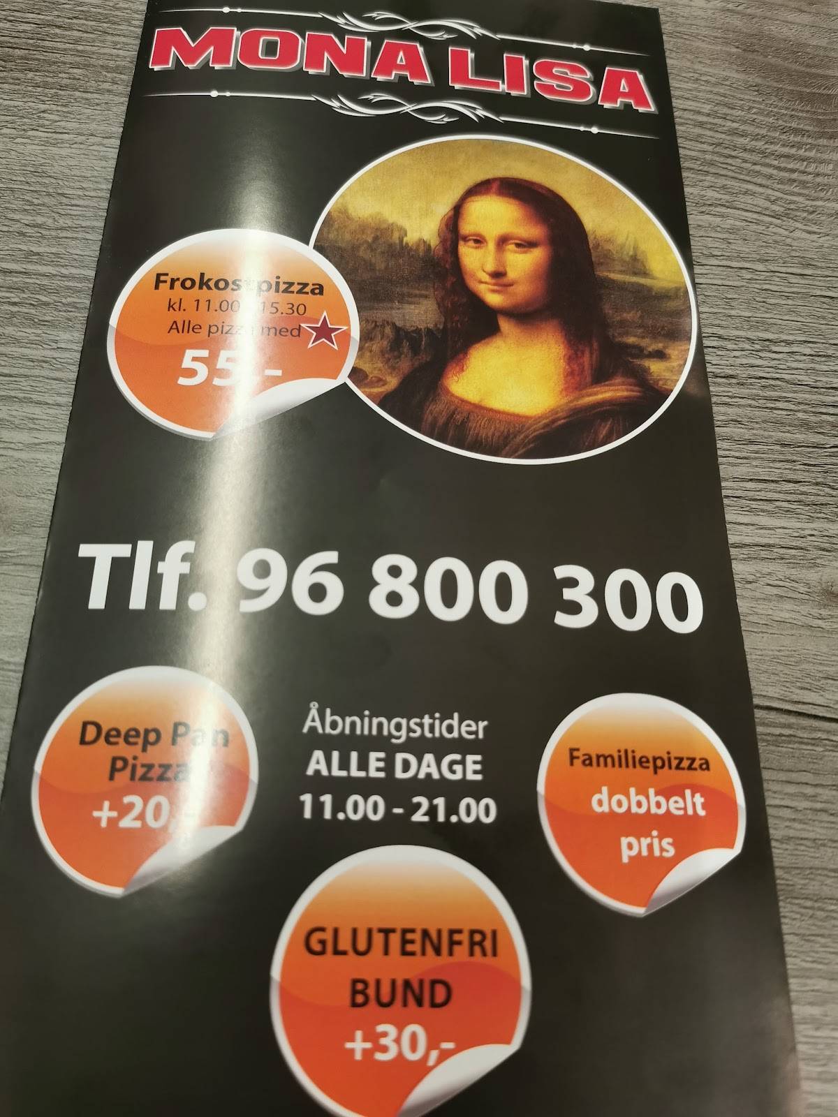 Menu at Mona Lisa restaurant, Svenstrup