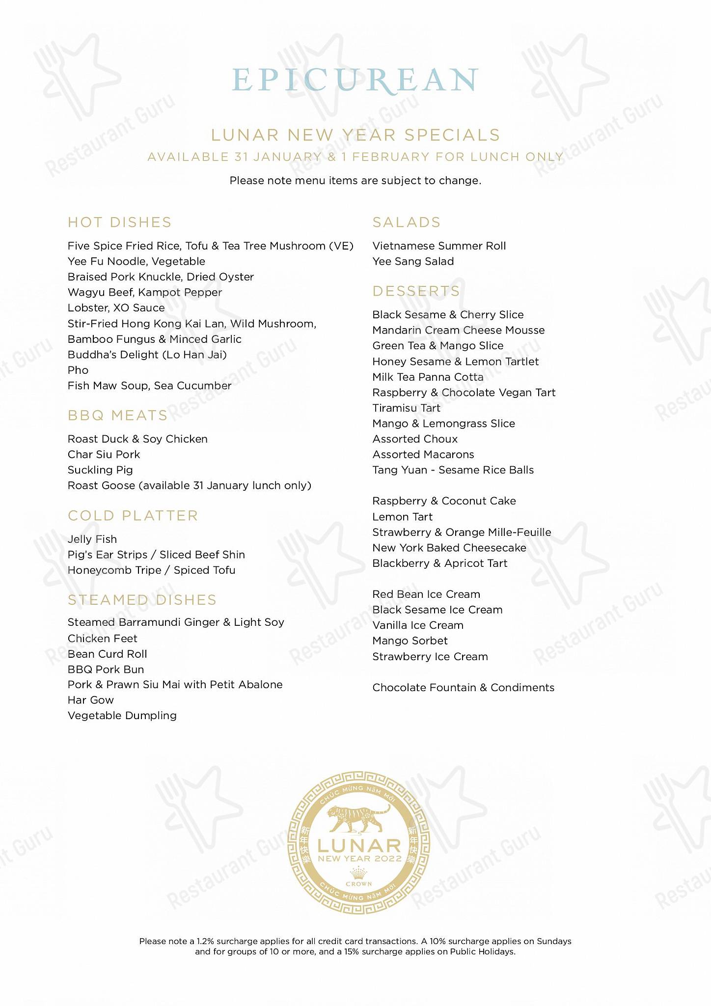 Menu at Epicurean restaurant, Barangaroo, Crown Sydney