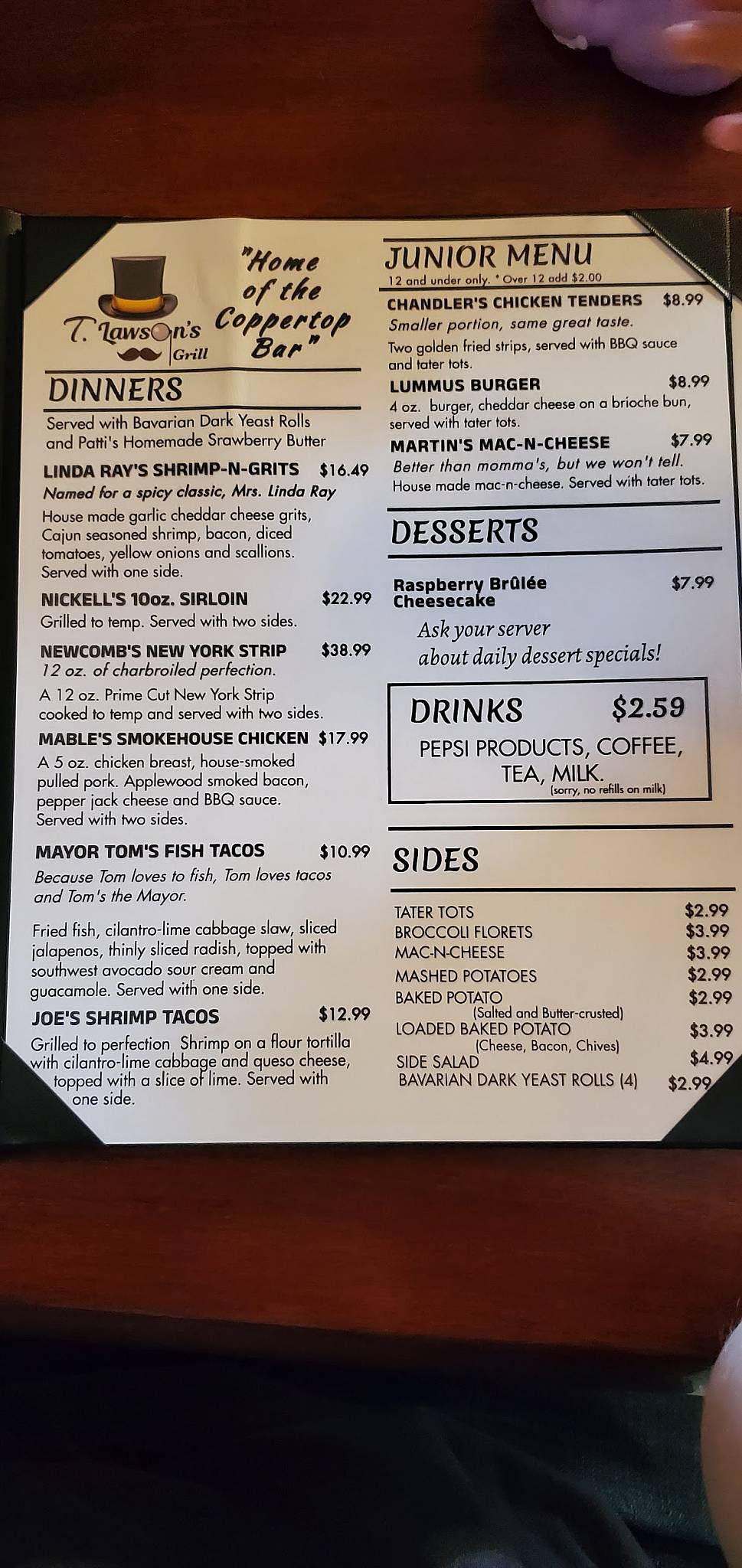 Menu at T Lawson’s Grill pub & bar, Grand Rivers