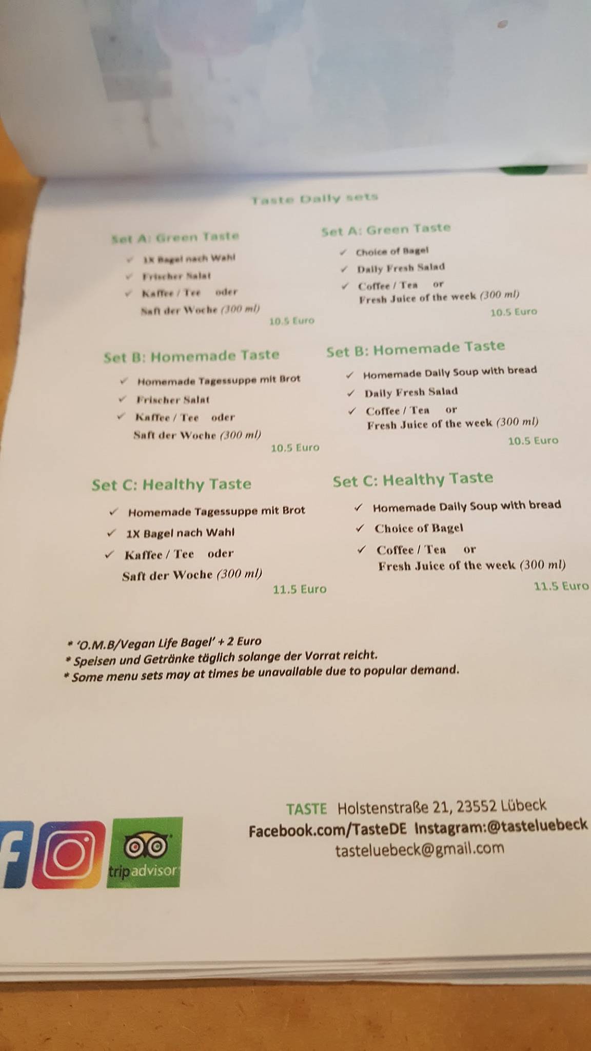 Menu at TASTE cafe, Lübeck