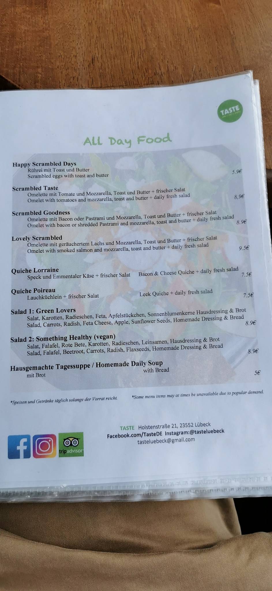 Menu at TASTE cafe, Lübeck
