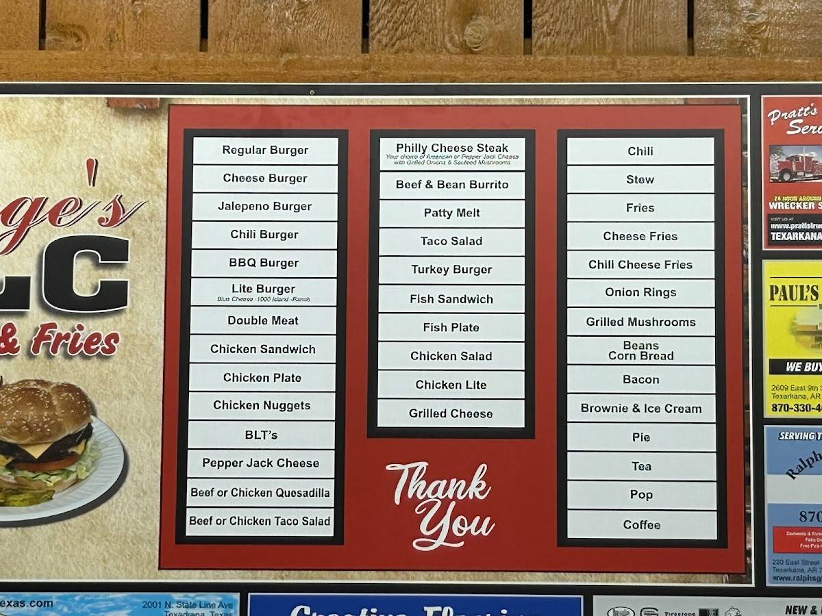 Menu at TLC Burgers & Fries restaurant, Texarkana